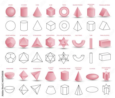 Set Of Vector Realistic 3d Pink Geometric Shapes Isolated On White Background Mathematics Of
