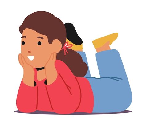 어린 소녀 캐릭터는 꿈 속에서 길을 잃었다고 생각하면서 손으로 얼굴을 얹고 뱃속에 누워 있습니다 그녀는 만화 사람 벡터 일러스트를 볼 수 있는 세상만을 탐험하면서 상상력을