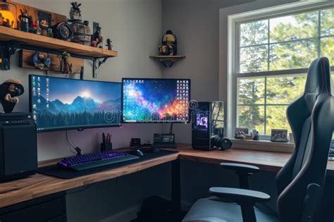 High Tech Dual Monitor Home Office Setup Featuring Ergonomic Chair And Professional Lighting In