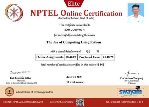 Ive Successfully Completed The The Joy Of Computing Using Python Course Offered By Nptel