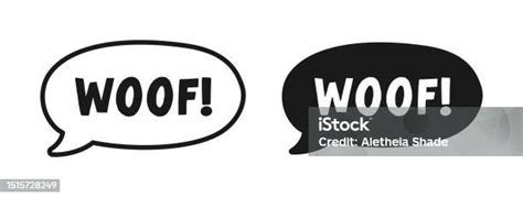 말풍선 풍선 윤곽선과 실루엣 세트에 있는 Woof 텍스트 만화 만화 개 짖는 소리 효과 레터링 간단한 플랫 벡터 그림입니다 Onomatopoeia에 대한 스톡 벡터 아트 및