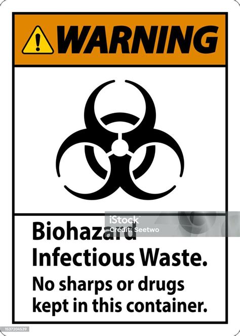 경고 라벨 생물학적 위험 감염성 폐기물 이 용기에 날카로운 물건이나 약물을 보관하지 않음 건강관리와 의술에 대한 스톡 벡터 아트 및 기타 이미지 건강관리와 의술 경계