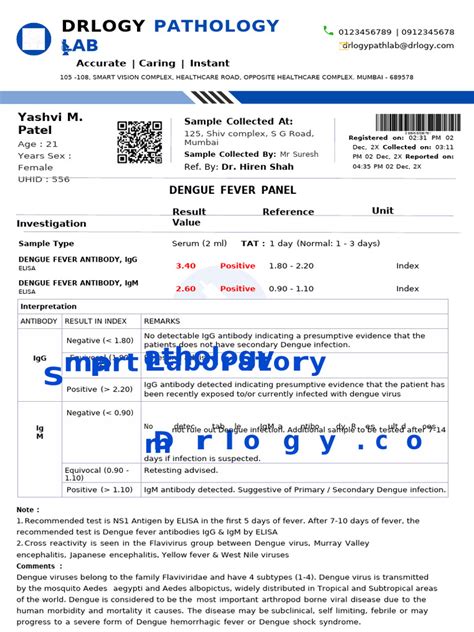 Positive Dengue Fever Test Report Format Example Sample Template Drlogy Lab Report Pdf