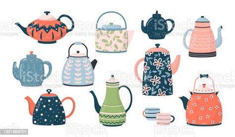 흰색 배경에 고립 된 주전자와 주전자의 컬렉션 다도용 세라믹 음료수 또는 유리 제품 플랫 만화 벡터 일러스트레이션 티포트에 대한 스톡 벡터 아트 및 기타 이미지 Istock