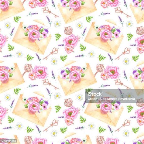 손으로 그린 수채화 편지 와 꽃다발 와 포도 수확 열쇠 Seamless 패턴 절연 통하고 있는 백색 배경 섬유 직물 및 기타 인쇄 제품에 사용할 수 있습니다 0명에 대한