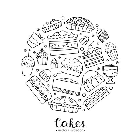 Doodle Cakes In Circle Cupcake Cartoon Cafe Vector Car Drawing