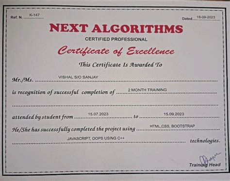 Successfully Completed Two Months Training From Next Algorithms Yamunanagar Course Frontend