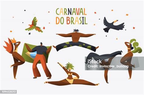 브라질 카니발 의상 댄서 문자 배너입니다 남자 여자 댄스 브라질 공휴일 음악 축제 포스터 디자인 이국적인 아름 다운 카니발 평면 만화 벡터 일러스트 레이 션 브라질에 대한