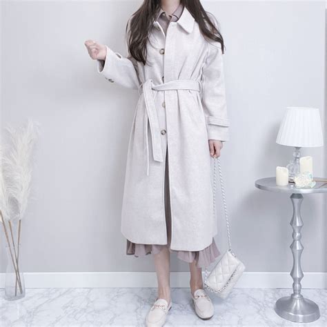 카라코트허리끈set안감있는 히든 버튼 소매 벨티드 카라 일자핏 롱 코트