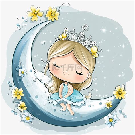月亮上的可爱卡通公主头戴闪亮的皇冠手捧月亮花素材图片免费下载 千库网