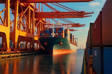 Premium Ai Image Efficient Cargo Handling Container Ship Loading And Unloading At Terminal