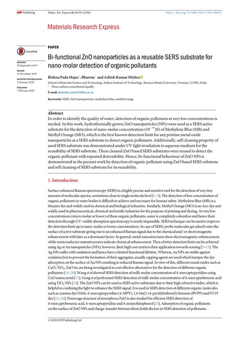 Bi Functional Zno Nanoparticles As A Reusable Sers Substrate For Nano