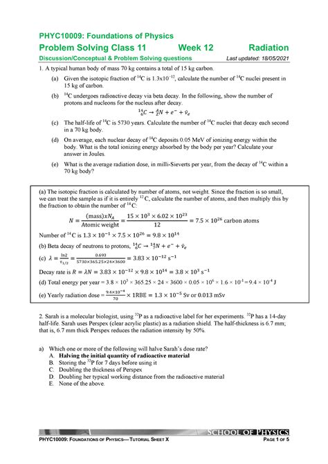 Foundations PSC 11 Solns PHYC10009 Foundations Of Physics Problem Solving Class 1 1 Week 1 2