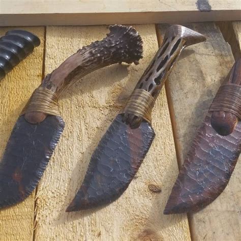 Large Knapped Glass Bowie Knife With Deer Antler Handle Flint Knapping