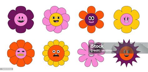 단순한 순진하고 히피족의 그루비 스타일의 벡터 일러스트레이션 웃는 얼굴 스티커 포스터 디자인 템플릿 행복한 꽃 프린트가 있는