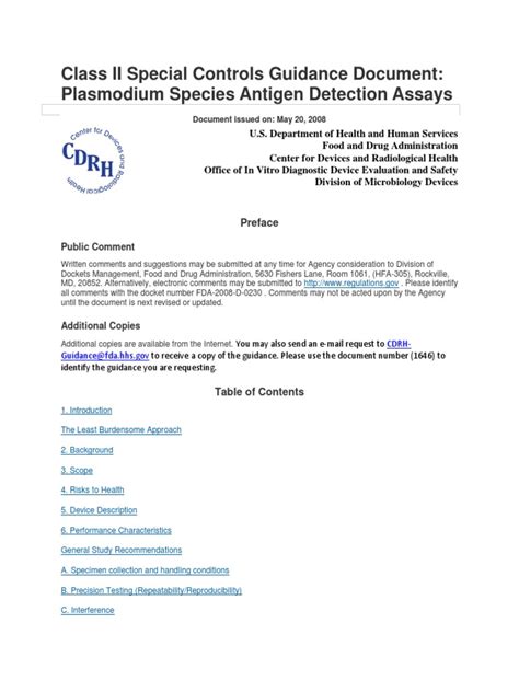 Class Ii Special Controls Guidance Document Plasmodium Species Antigen