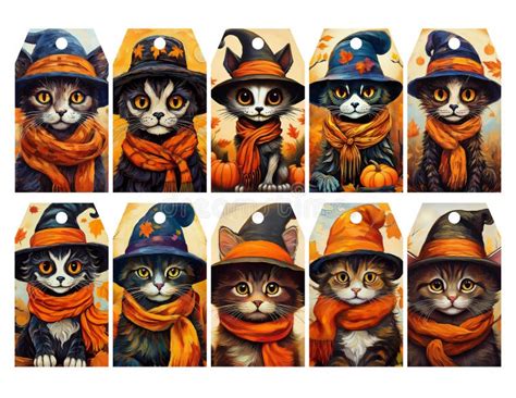 Halloween Cats Wearing Witch Hat And A Scarf Watercolor T Tags Stock