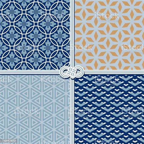 동양 스타일의 전통적인 이음새가 없는 패턴 세트 꽃 별 삼각형 물고기 비늘 중국 문화에 대한 스톡 벡터 아트 및 기타 이미지