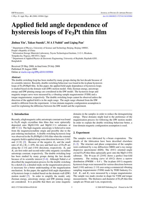 Pdf Applied Field Angle Dependence Of Hysteresis Loops Of Fe3pt Thin Film
