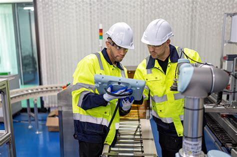 engineer teach trainee operation maintenance and programing robot arm to work on heavy industry