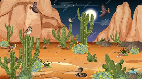 Premium Vector Desert Forest Landscape At Night Scene With Desert