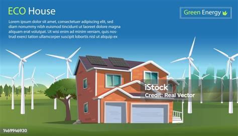 지붕에 태양 전지판이 있는 에코 하우스의 평면 스타일의 그림 녹색 풍경에 풍력 터빈이 있는 풍력 풍력 에코 에너지 산업 개념