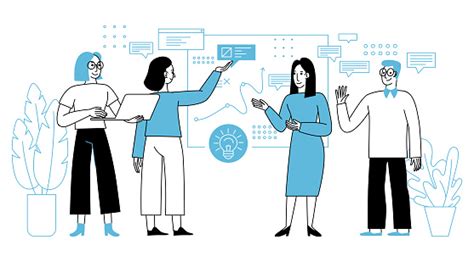 웃는 만화 캐릭터와 간단한 평면 선형 스타일 벡터 일러스트 레이 션팀웍 및 협력 개념 직원에 대한 스톡 벡터 아트 및 기타 이미지 직원 테크놀로지 개념 Istock