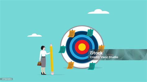 사업 목표 계획 작업 수행을 위한 절차의 타임라인 또는 단계 작업 일정 수립 전략 일일 일정 또는 저널 양궁 목표 보드에 계획 문서를 첨부하는 사업가 개념에 대한 스톡 벡터