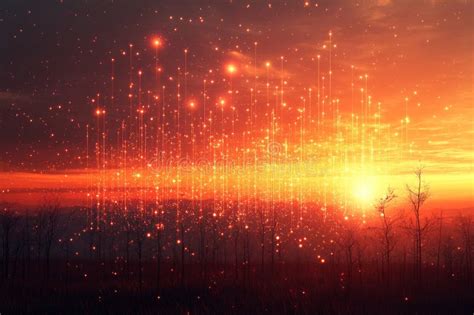 Bright Red And Orange Particles Floating In A Digital Matrix Over A Sunset Horizon Symbolizing