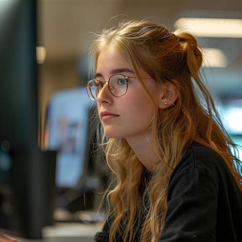 Premium Photo A Woman With Glasses Looking At A Computer Screen With A Blurry Background Of A