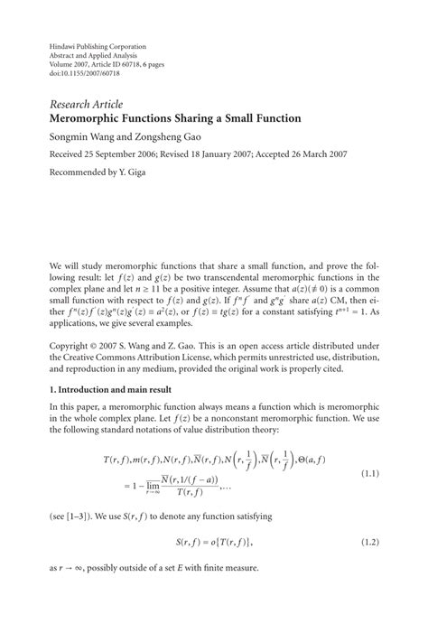 Pdf Meromorphic Functions Sharing A Small Function