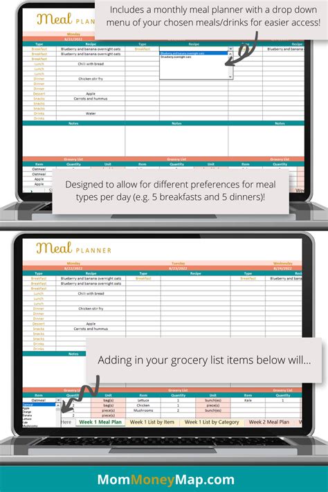 Meal Planner Excel Spreadsheet With Automated Grocery List Teal And Mom Money Map