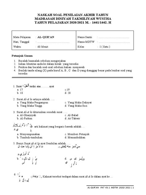 soal pat al qur an kls 1 dtw pdf