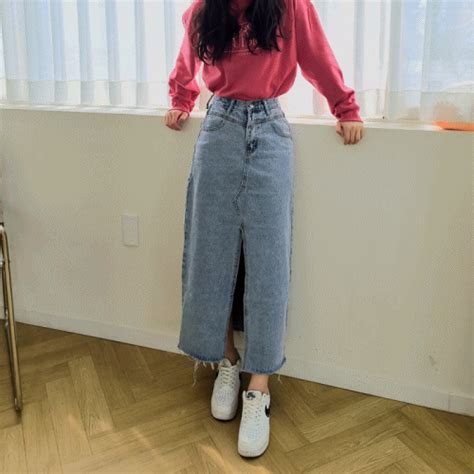 하이웨스트 데님 롱청치마 앞트임 빈티지 밑단컷팅 스커트 에이블리