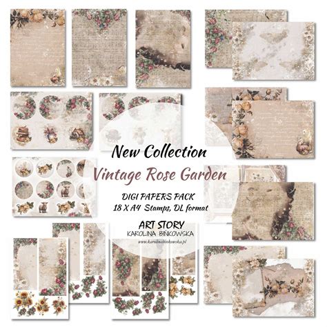 Cała Paka Digi Papierów Vintage Roses Garden A4 Pion Poziom