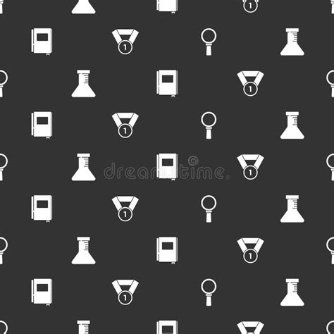 Set Magnifying Glass Test Tube And Flask Book And Medal On Seamless