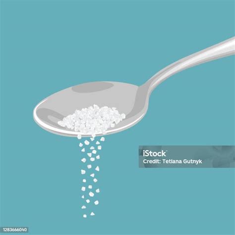 파란색 배경에 고립 된 금속 숟가락에서 소금이 붓는다 만화 플랫 스타일의 벡터 일러스트레이션 설탕에 대한 스톡 벡터 아트 및 기타 이미지 Istock