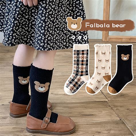 준캡 아동양말 어린이양말 체크베어 롱장목양말 3족세트 온채널