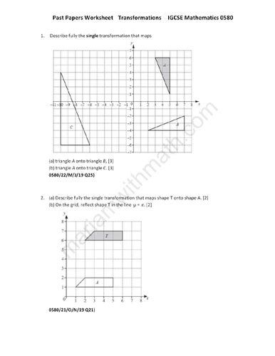 Transformation Igcse Mathematics 0580 Past Papers Worksheet Teaching Resources