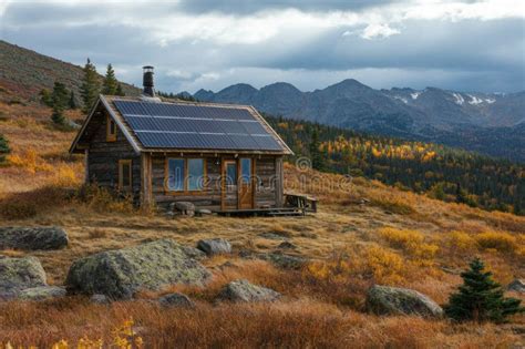 Cozy Wooden Cabin With Solar Panels Surrounded By Mountains And Autumn Foliage Stock Photo