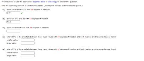 solved find the t value s for each of the following cases