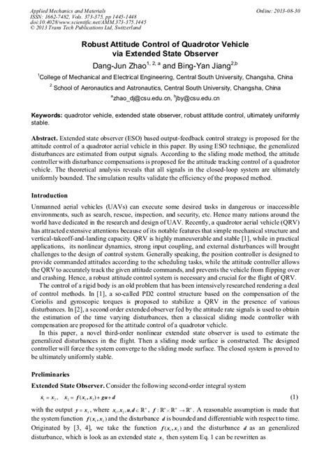 Robust Attitude Control Of Quadrotor Vehicle Via Extended State Observer Scientificnet