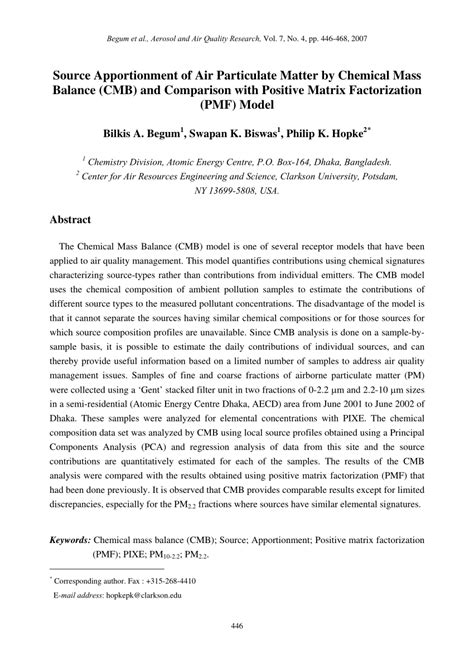 Pdf Source Apportionment Of Air Particulate Matter By Chemical Mass