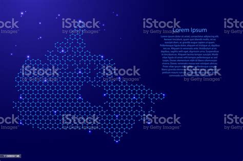 캐나다는 미래의 육각형 모양 선 노드의 파란색과 빛나는 별 허니콤 또는 배너 포스터 인사말 카드에 대한 분자 구조의 형태로매핑됩니다 벡터 그림입니다 0명에 대한 스톡 벡터