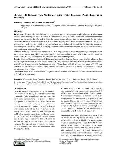 Pdf Chrome Vi Removal From Wastewater Using Water Treatment Plant