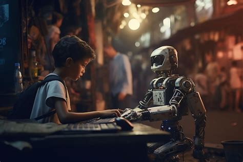 Premium Ai Image A Kid Programming A Basic Robot Studious And