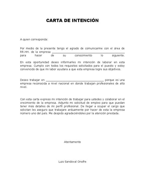 Carta De Intencion De Empleo
