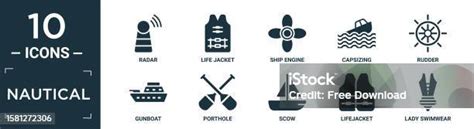 채워진 항해 아이콘 세트입니다 플랫 레이더 구명 조끼 선박 엔진 전복 방향타 건보트 현창 암소 구명 조끼 레이디 수영복 아이콘을 편집 가능한 형식으로 포함합니다 뒤집힘에