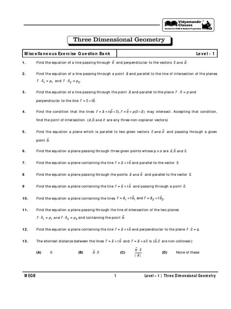3 D Geometry Miscellaneous Exercise Download Free Pdf Line
