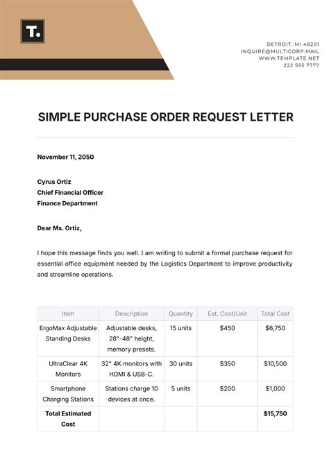 Free Simple Purchase Order Request Letter Template To Edit Online